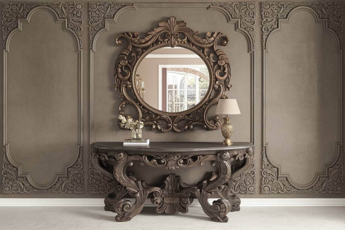 Rustic Hand Carved Console Table – Teak Wood Frame for Classic Charm ...